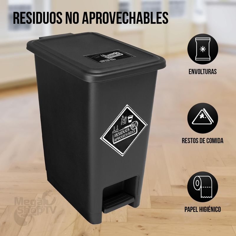 Caneca de reciclaje plástica negra papelera con pedal 12 Lts