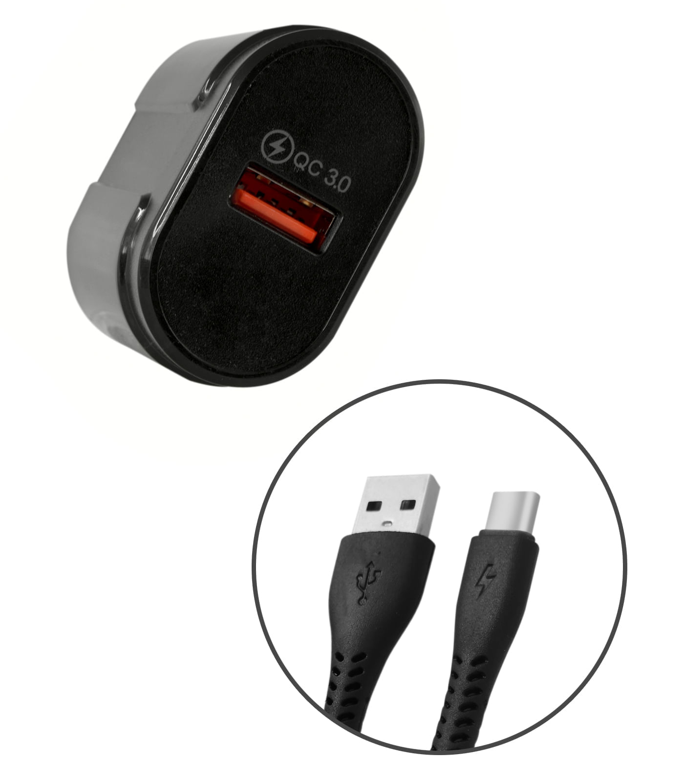 Cargador Carga Rapida Con Cubo y Cable Entrada USB A TIPO C Negro