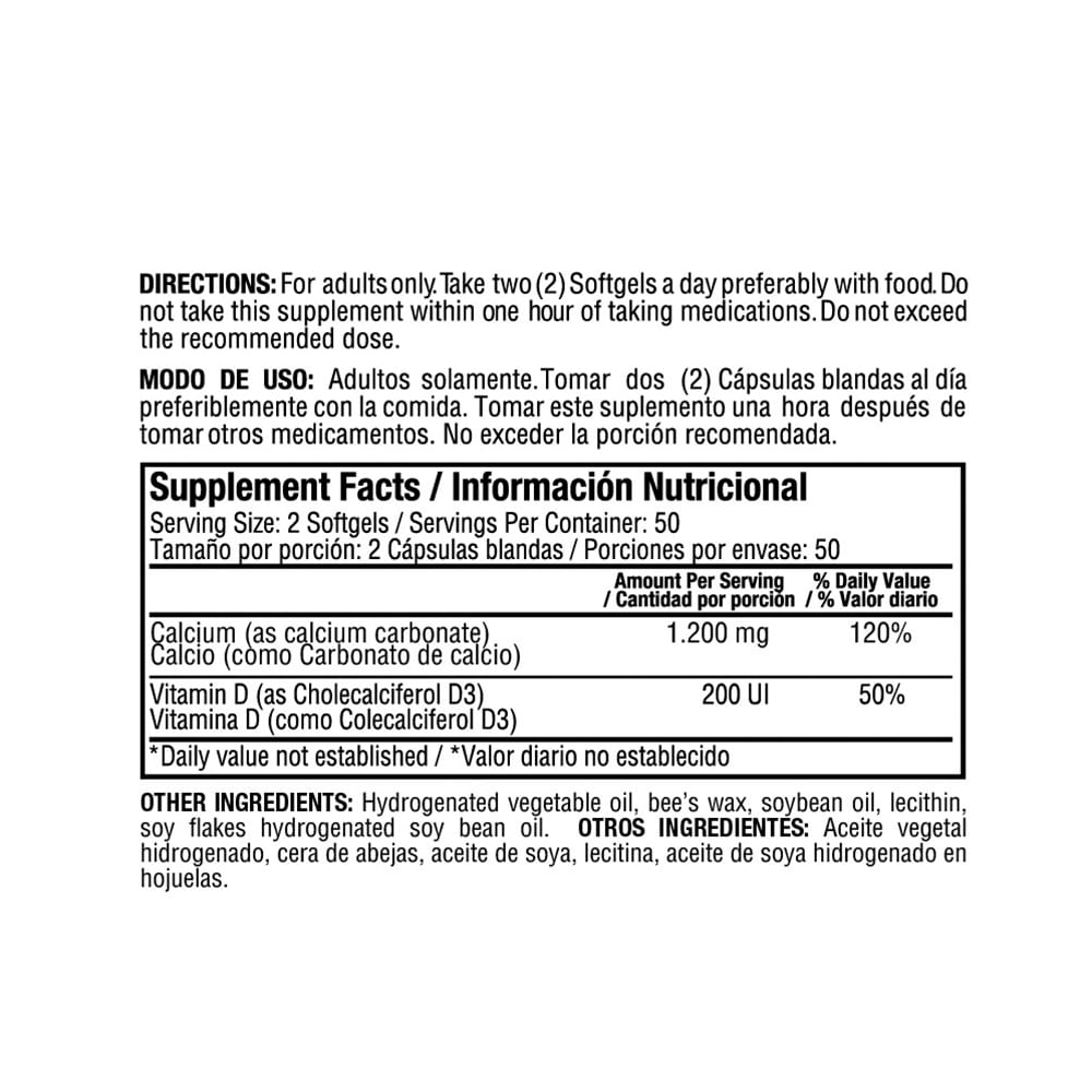 Calcio Liquido 1200mg Plus D3 400 IU 100 Softgels